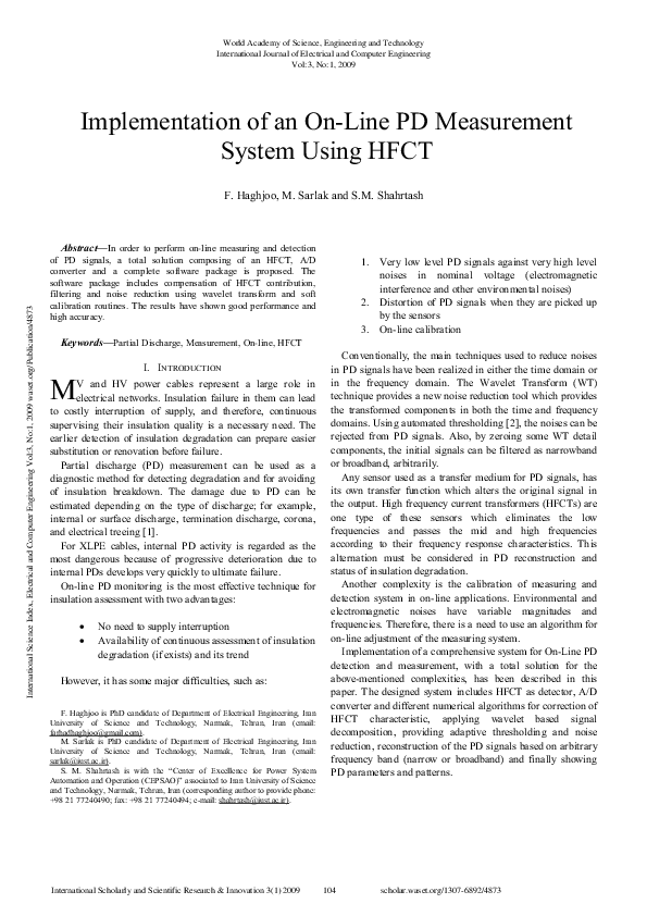 (PDF) Implementation Of An On-Line Pd Measurement System Using Hfct ...