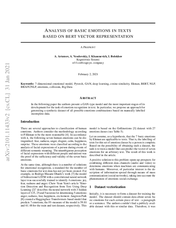 (PDF) Analysis of Basic Emotions in Texts Based on BERT Vector Representation | Artem Artemov ...