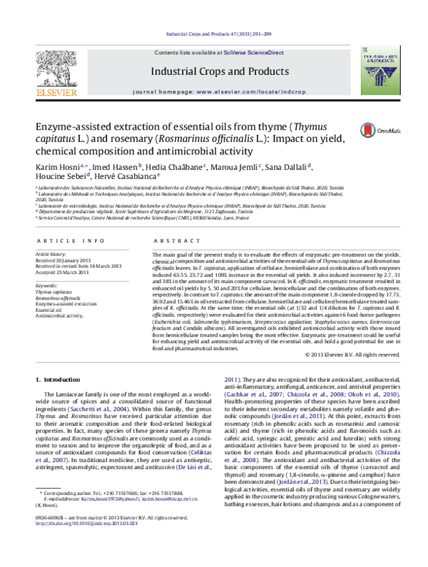 (PDF) Enzyme-assisted extraction of essential oils from thyme (Thymus capitatus L.) and rosemary ...