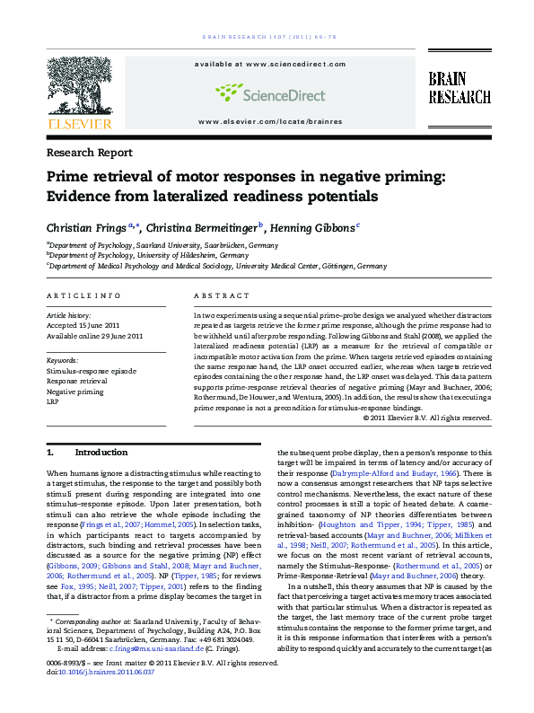 (PDF) Prime retrieval of motor responses in negative priming: Evidence ...