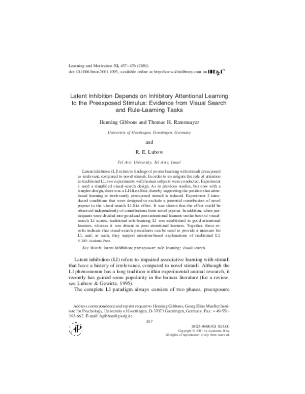 (PDF) Latent Inhibition Depends on Inhibitory Attentional Learning to the Preexposed Stimulus ...