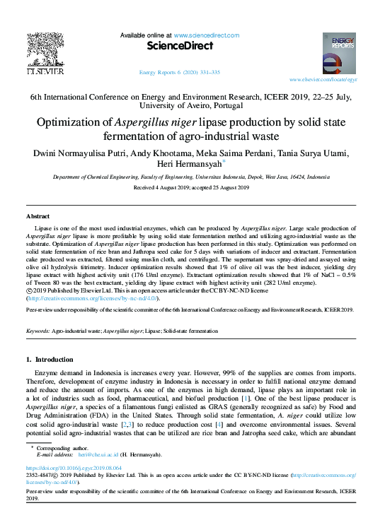 (PDF) Optimization of Aspergillus niger lipase production by solid state fermentation of agro ...