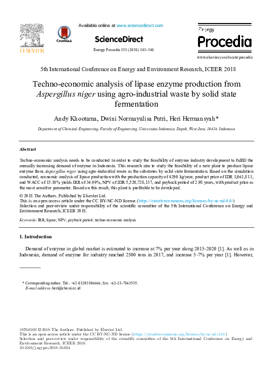 (PDF) Techno-economic analysis of lipase enzyme production from Aspergillus niger using agro ...