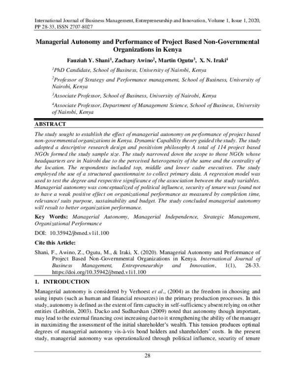 (PDF) Managerial Autonomy and Performance of Project Based Non ...