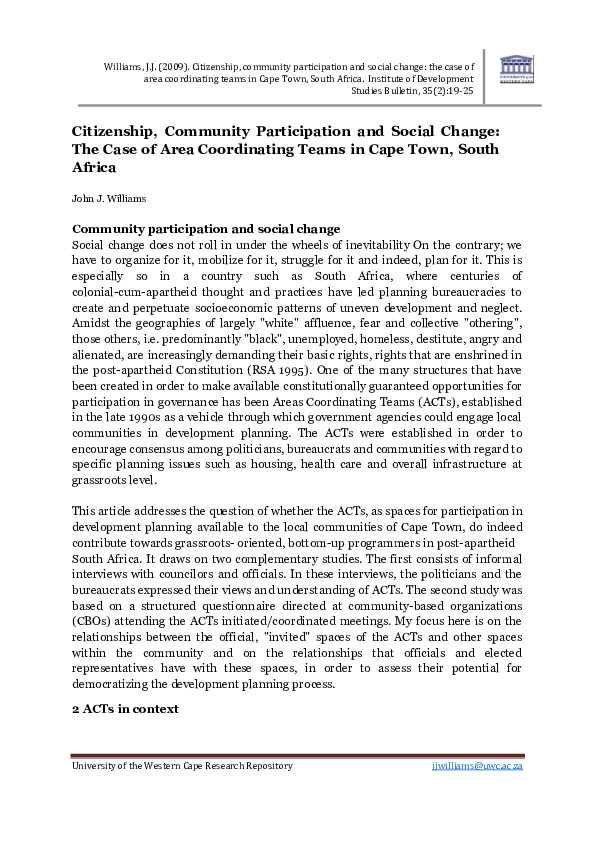 (PDF) Citizenship, Community Participation and Social Change: The Case ...