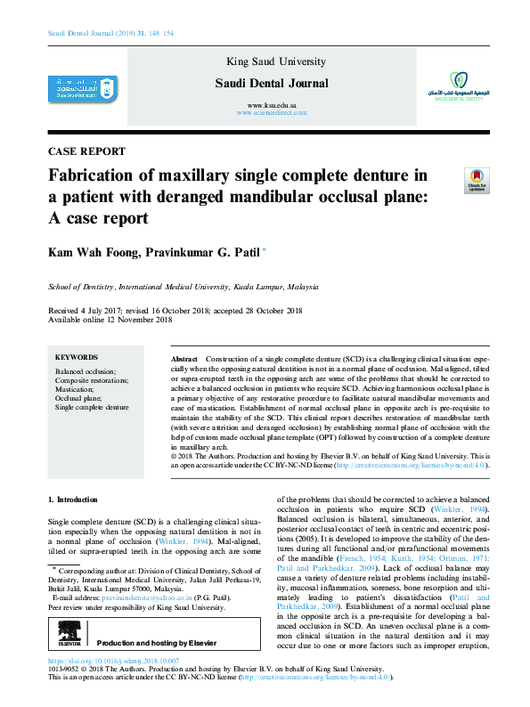 (PDF) Fabrication of maxillary single complete denture in a patient ...