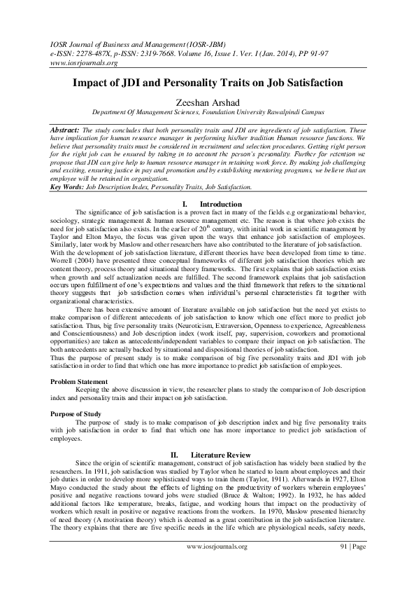 (PDF) Impact of JDI and Personality Traits on Job Satisfaction