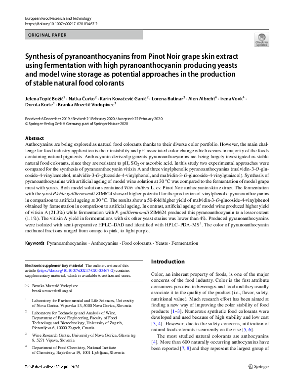 (PDF) Synthesis of pyranoanthocyanins from Pinot Noir grape skin extract using fermentation with ...