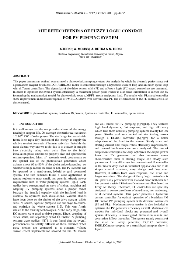 Pdf The Effectiveness Of Fuzzy Logic Control For Pv Pumping System