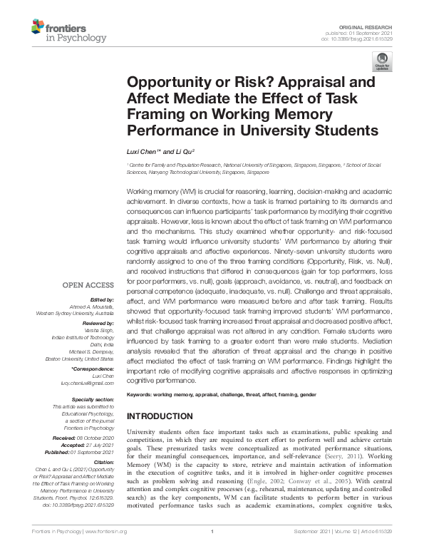 (PDF) Opportunity or Risk? Appraisal and Affect Mediate the Effect of Task Framing on Working ...
