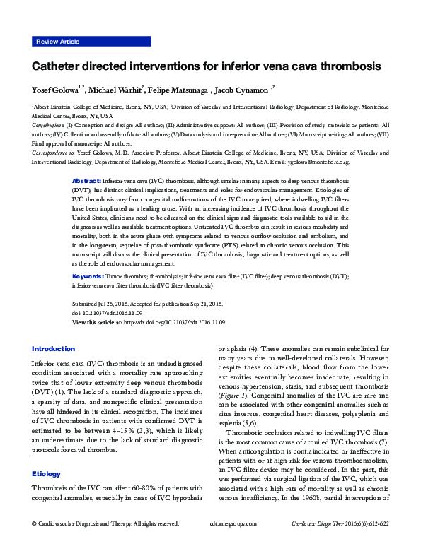 (PDF) Catheter directed interventions for inferior vena cava thrombosis
