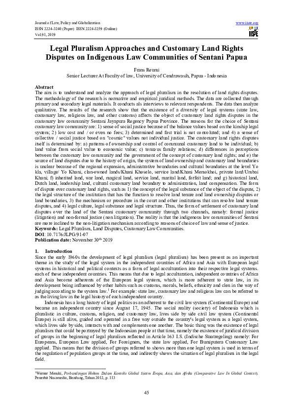 (PDF) Legal Pluralism Approaches and Customary Land Rights Disputes on ...
