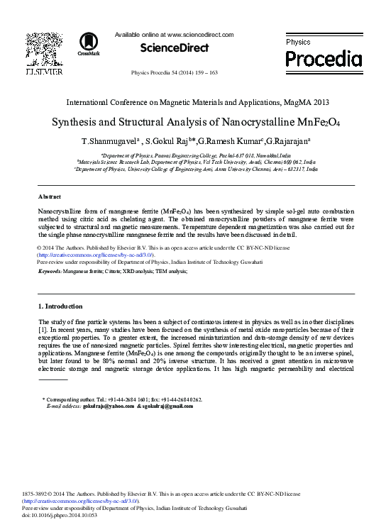 (PDF) Synthesis and Structural Analysis of Nanocrystalline MnFe2O4