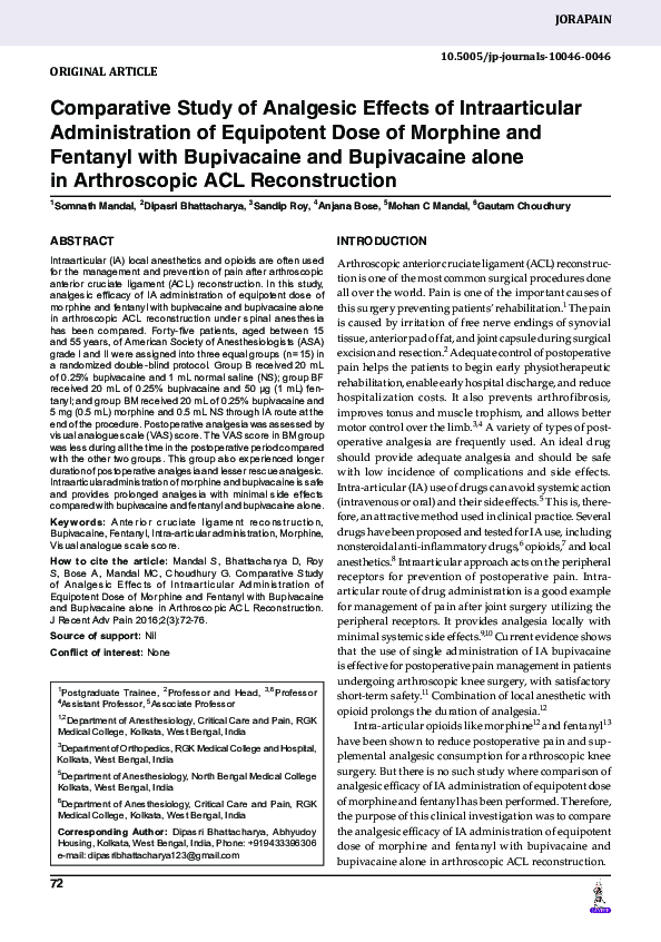 (PDF) Comparative Study of Analgesic Effects of Intraarticular ...