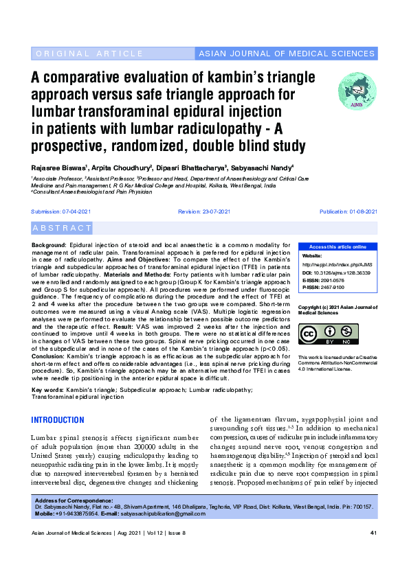 (PDF) A comparative evaluation of kambin’s triangle approach versus safe triangle approach for ...