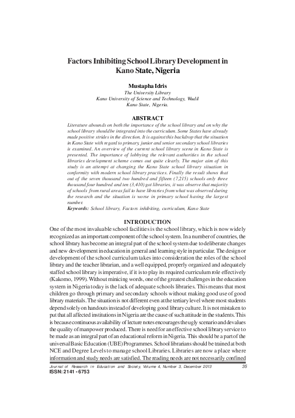(PDF) Factors Inhibiting School Library Development in Kano State, Nigeria