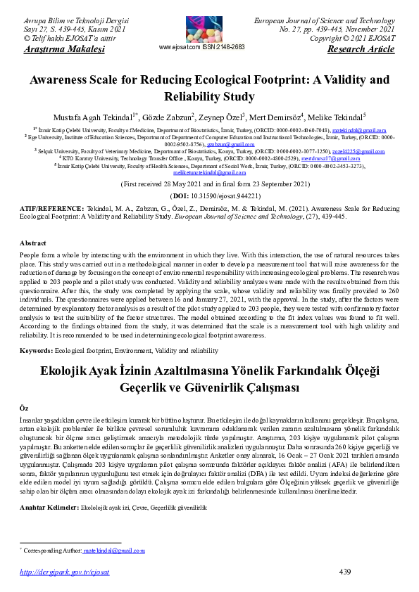 (PDF) Awareness Scale for Reducing Ecological Footprint: A Validity and ...