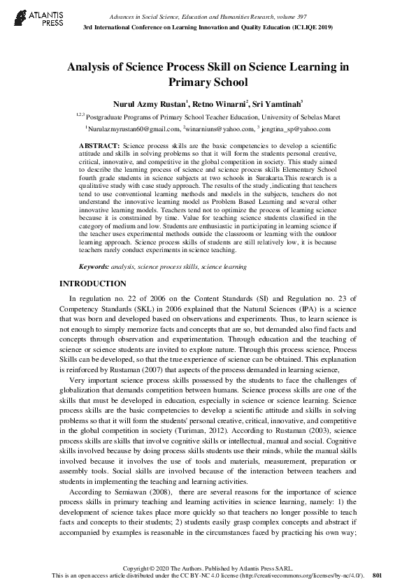 (PDF) Analysis of Science Process Skill on Science Learning in Primary School