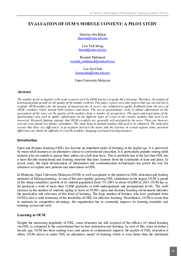 (PDF) Evaluation of OUM module content : a pilot study | Shawira Abu ...