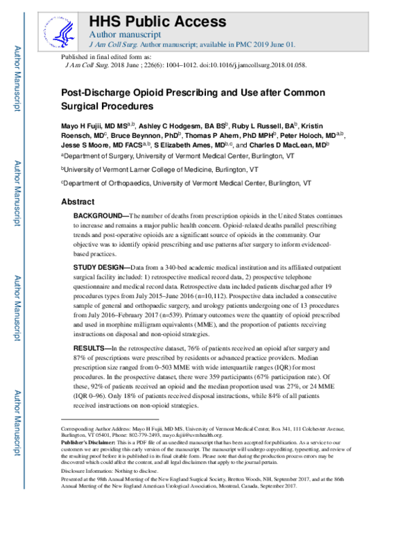(PDF) Post-Discharge Opioid Prescribing and Use after Common Surgical ...