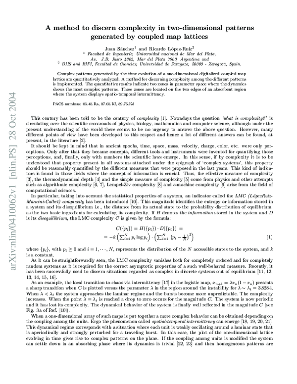 (PDF) A method to discern complexity in two-dimensional patterns generated by coupled map lattices