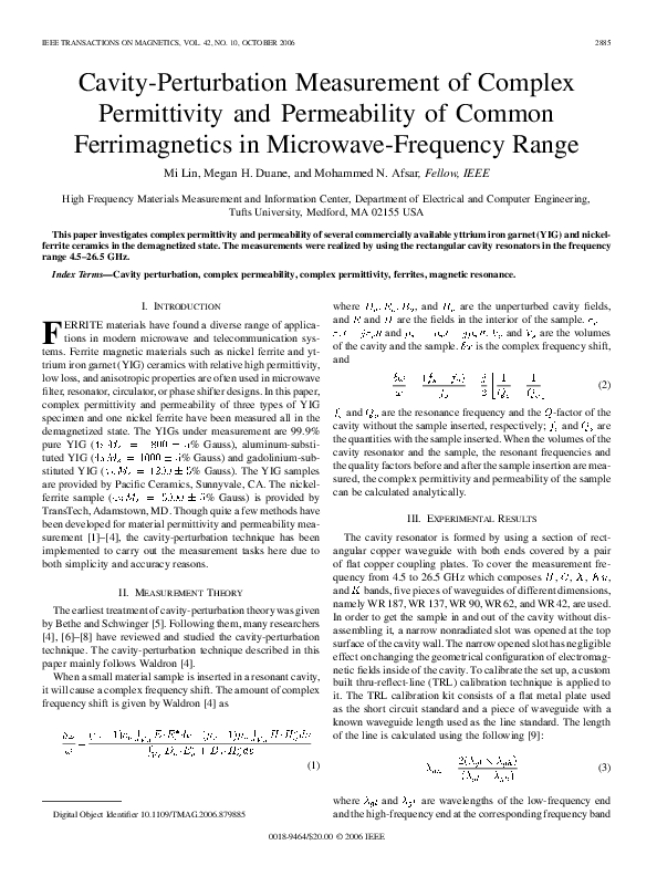 Pdf Cavity Perturbation Measurement Of Complex Permittivity And Permeability Of Common