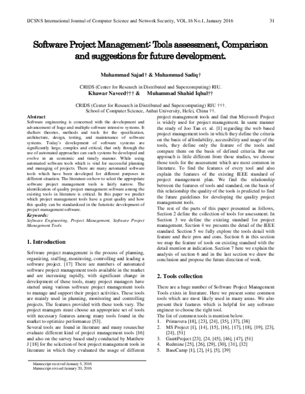 (PDF) Software Project Management: Tools assessment, Comparison and suggestions for future ...