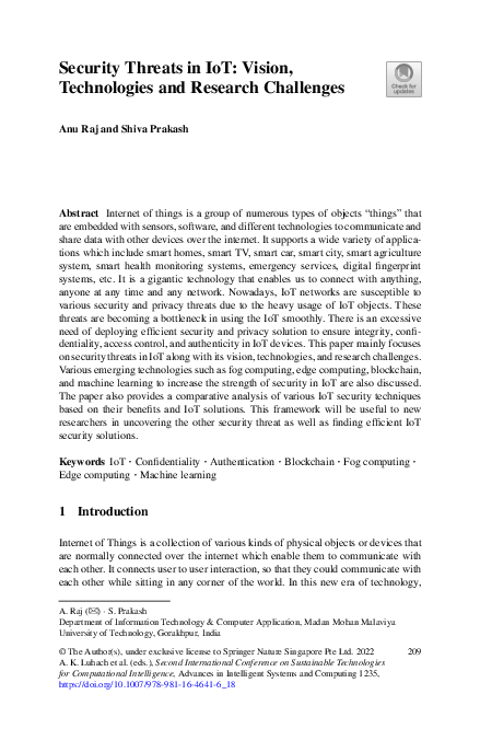 (PDF) Security Threats in IoT: Vision, Technologies and Research Challenges