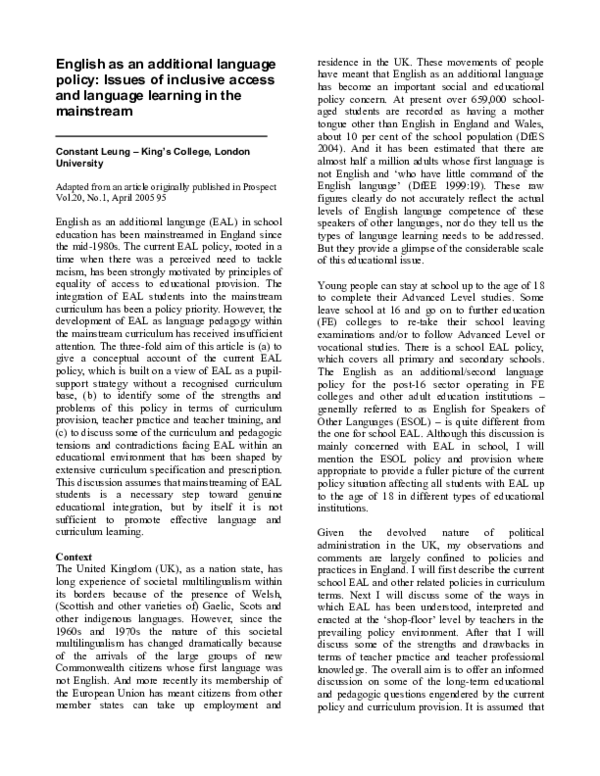 (PDF) English as an additional language policy: Issues of inclusive ...