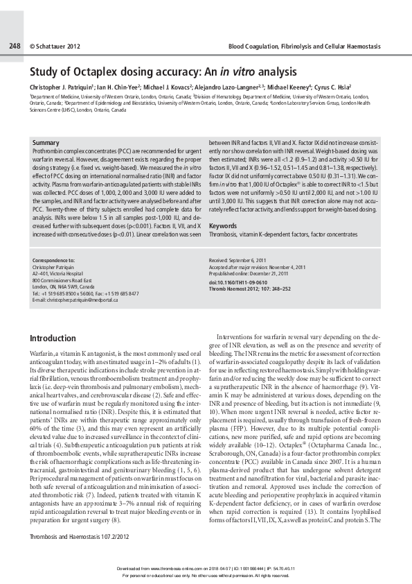 (PDF) Study of Octaplex dosing accuracy: An in vitro analysis | Ian ...