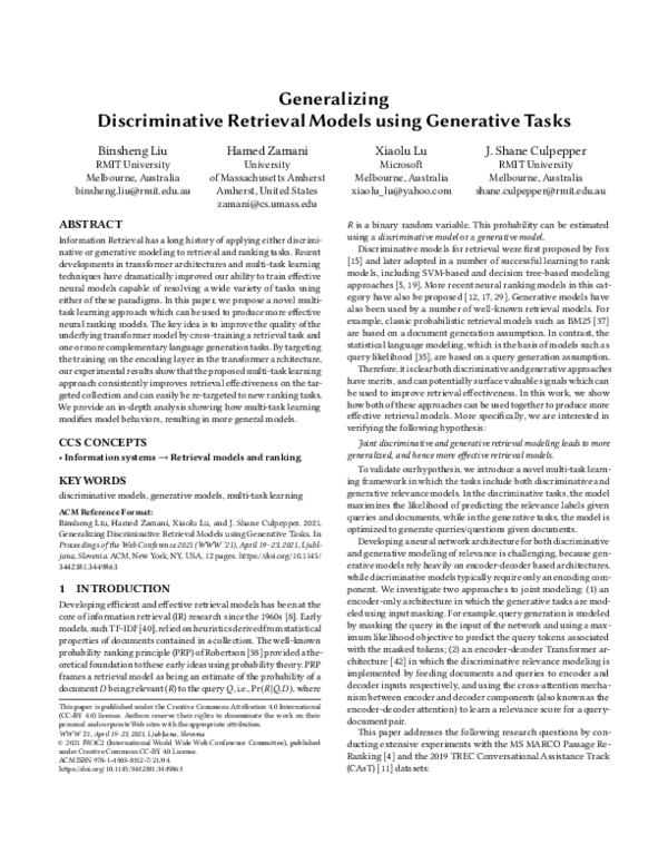 Pdf Generalizing Discriminative Retrieval Models Using Generative Tasks