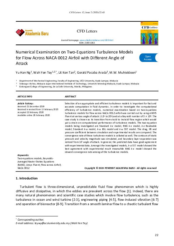 (PDF) Numerical Examination on Two-Equations Turbulence Models for Flow Across NACA 0012 Airfoil ...