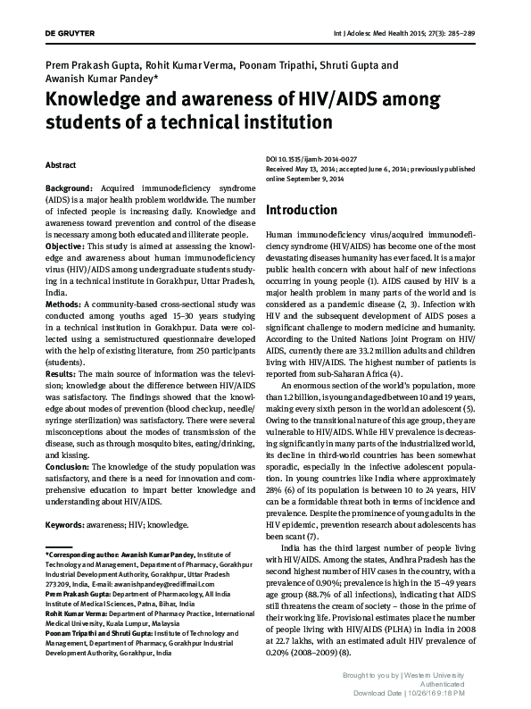 (PDF) Knowledge and awareness of HIV/AIDS among students of a technical ...