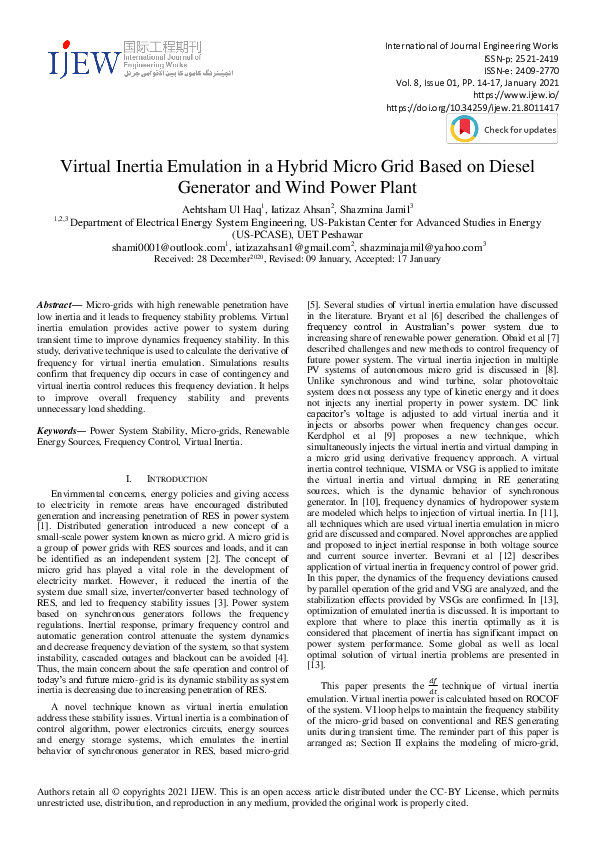 Pdf Virtual Inertia Emulation In A Hybrid Micro Grid Based On Diesel Generator And Wind Power