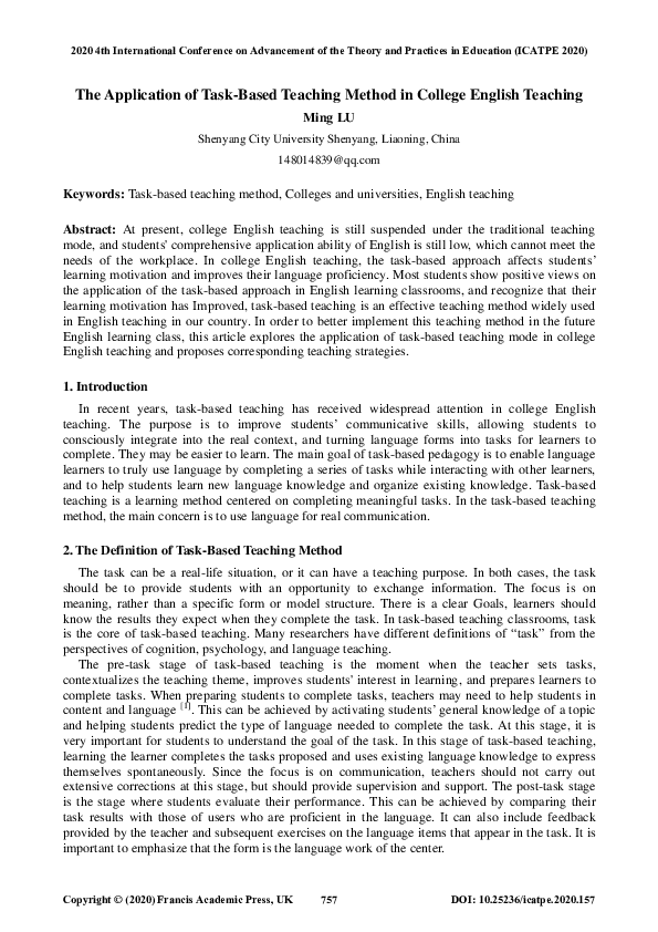 Pdf The Application Of Task Based Teaching Method In College English