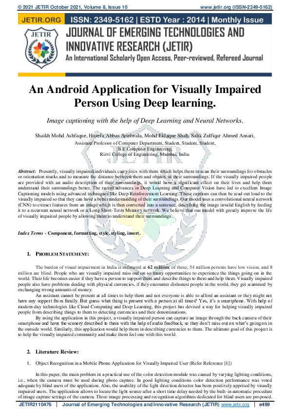 (PDF) An Android Application for Visually Impaired Person Using Deep learning | Zulfiqar Ansari ...