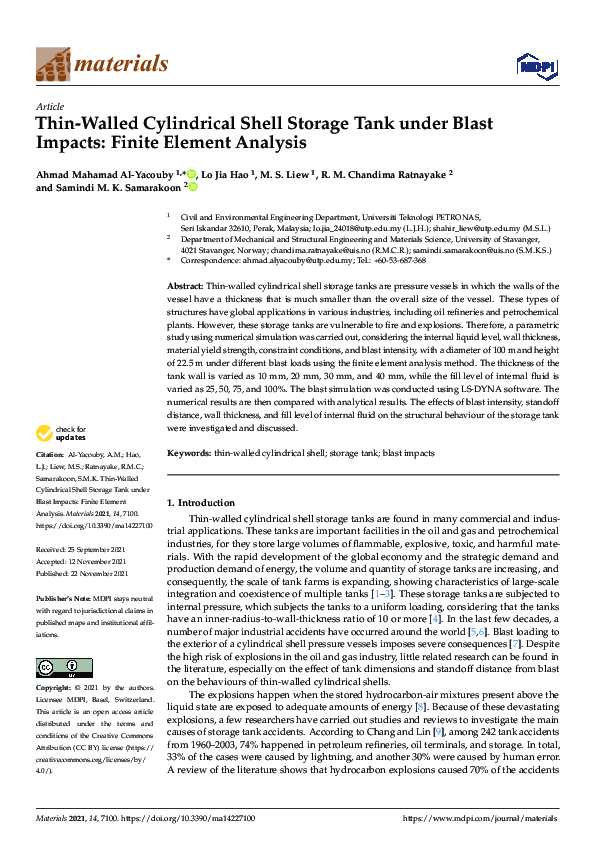 (PDF) Thin-Walled Cylindrical Shell Storage Tank under Blast Impacts: Finite Element Analysis