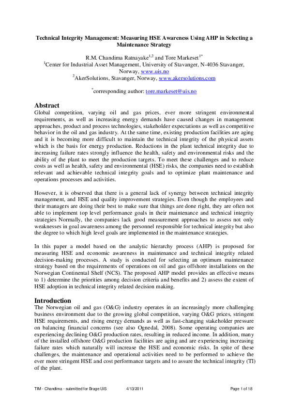 Pdf Technical Integrity Management Measuring Hse Awareness Using Ahp In Selecting A
