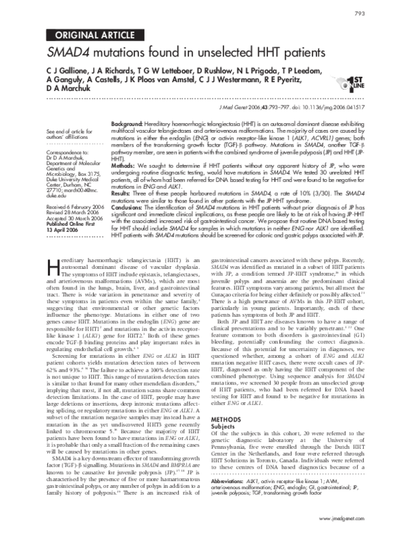 (PDF) SMAD4 mutations found in unselected HHT patients