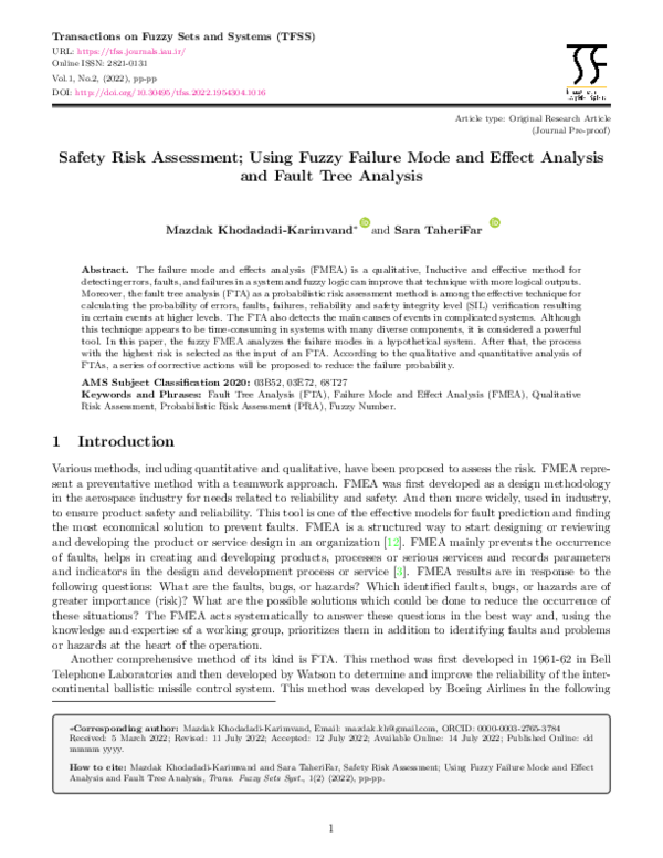 (PDF) Safety Risk Assessment; Using Fuzzy Failure Mode and Effect Analysis and Fault Tree Analysis
