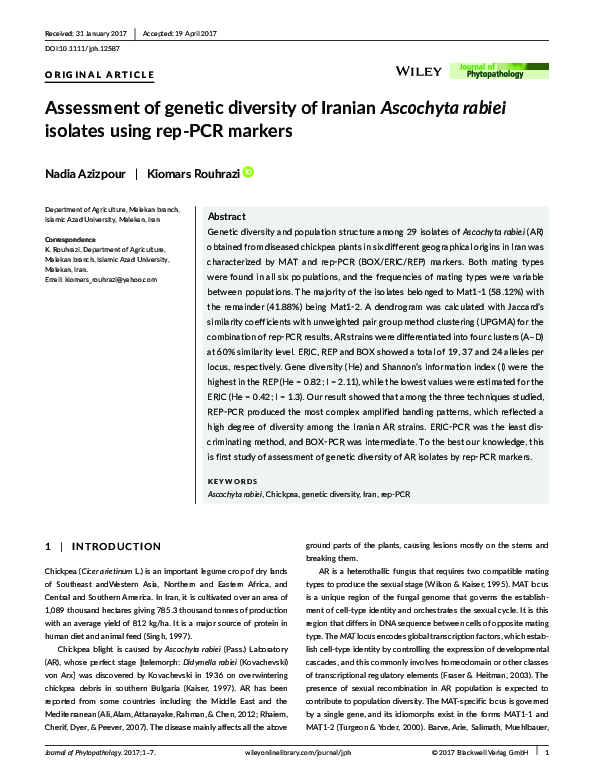 (PDF) Assessment of genetic diversity of IranianAscochyta ...