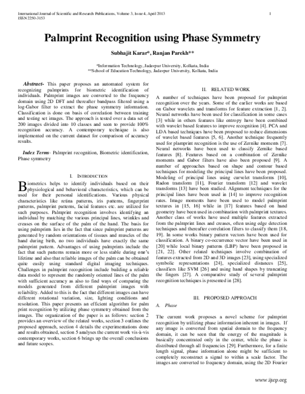 Pdf Palmprint Recognition Using Phase Symmetry
