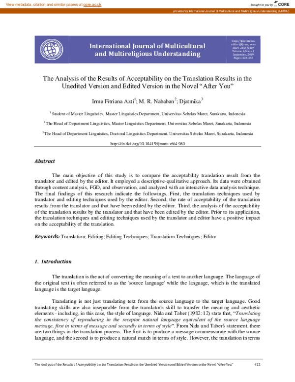 (PDF) The Analysis of the Results of Acceptability on the Translation ...