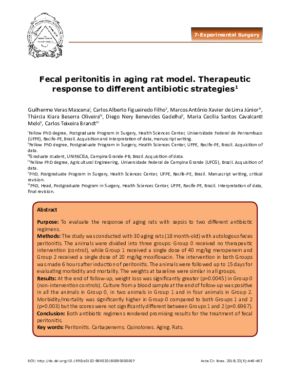 (PDF) Fecal peritonitis in aging rat model. Therapeutic response to ...