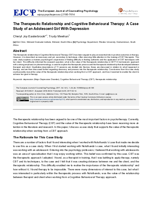 (PDF) The therapeutic relationship and Cognitive Behavioural Therapy: A case study of an ...