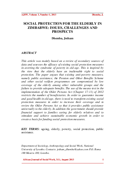 (PDF) Social protection for the elderly in Zimbabwe: issues, challenges ...