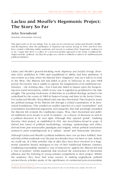 (PDF) Laclau and Mouffe's Hegemonic Project: The Story So Far