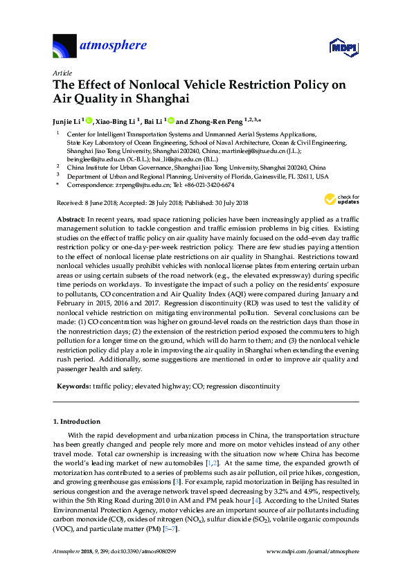 (PDF) The Effect of Nonlocal Vehicle Restriction Policy on Air Quality in Shanghai