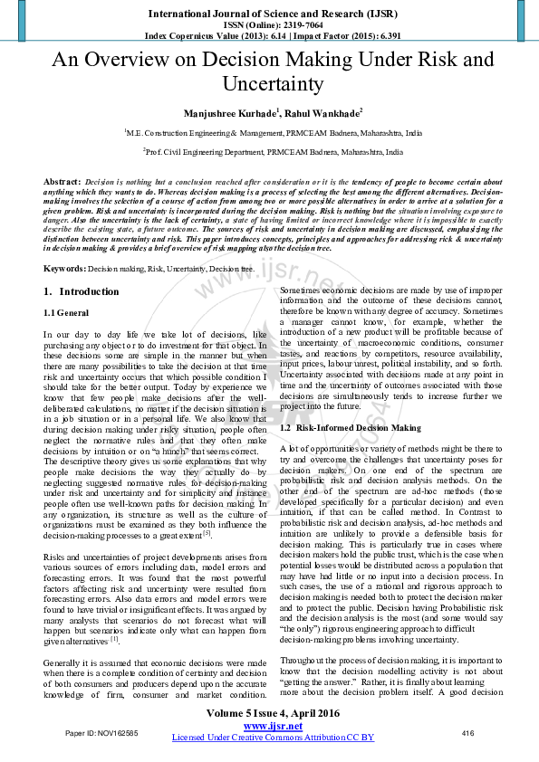 (PDF) An Overview on Decision Making Under Risk and Uncertainty | rahul ...