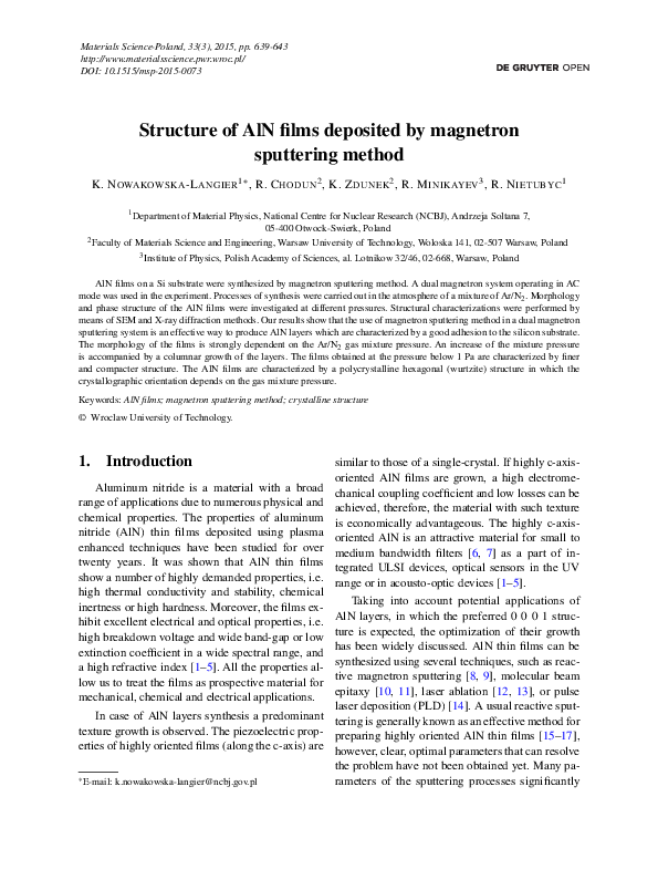(PDF) Structure of AlN films deposited by magnetron sputtering method